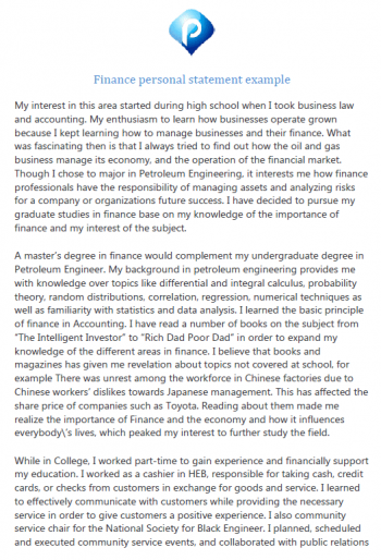 Free downloadable finance personal statement example