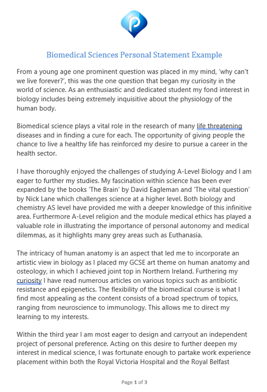 Biomedical Sciences Personal Statement Example Biomedical Sciences Personal Statement Example
