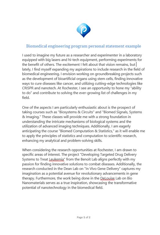 Biomedical Engineering Program Personal Statement Example